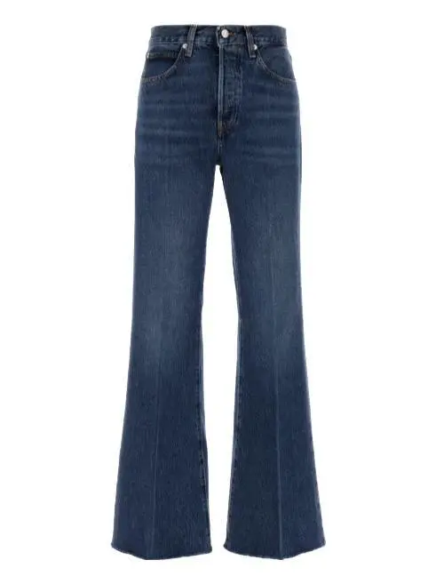 FRAME High Rise Flared Jeans With Fringed Cuffs - Blue