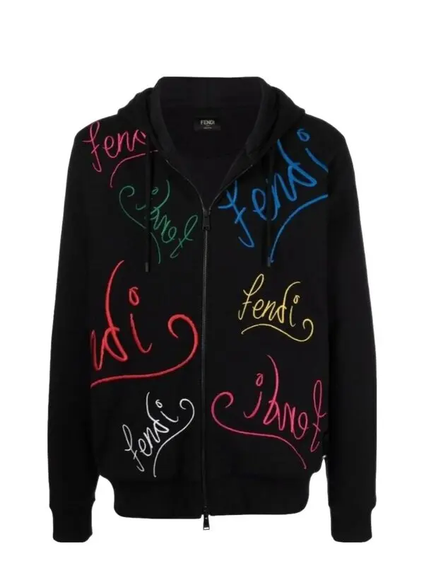 Fendi Logo Embroidered Zip Hoodie - Black