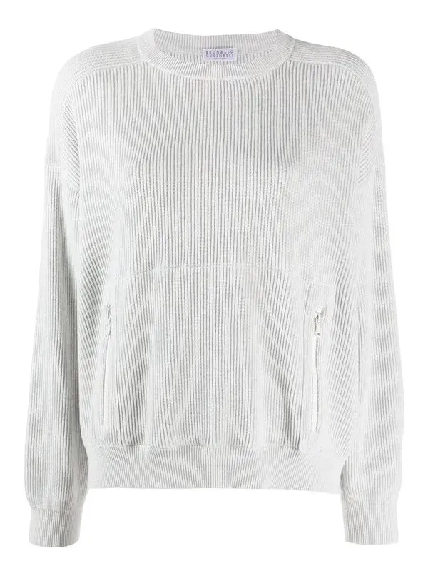 Brunello Cucinelli Ribbed Crew Neck Sweater With Crystal Embellished Buttons - White