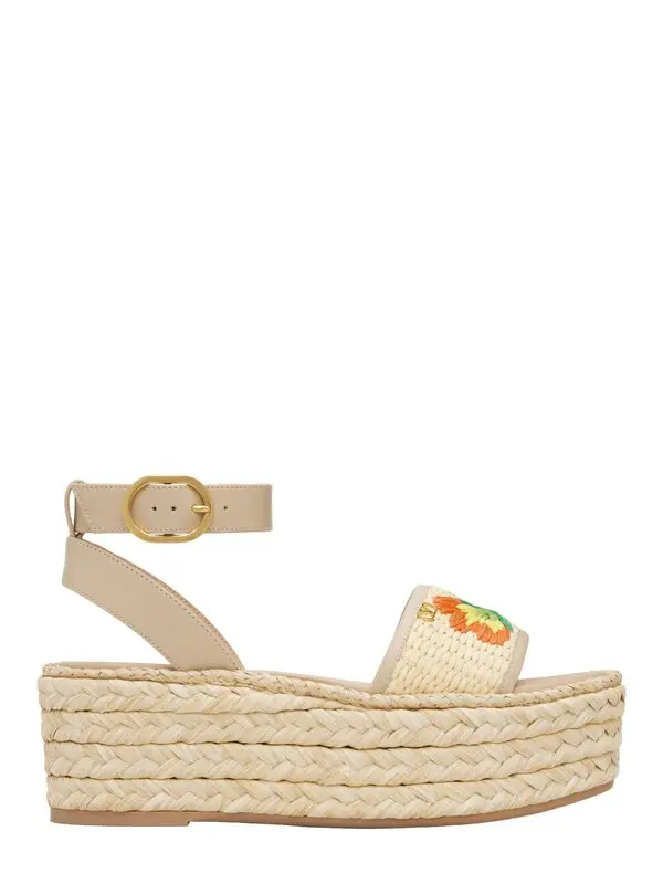 Valentino Garavani Polished Leather And Woven Raffia Platform Sandals With Floral Embroidery - Natural/taupe