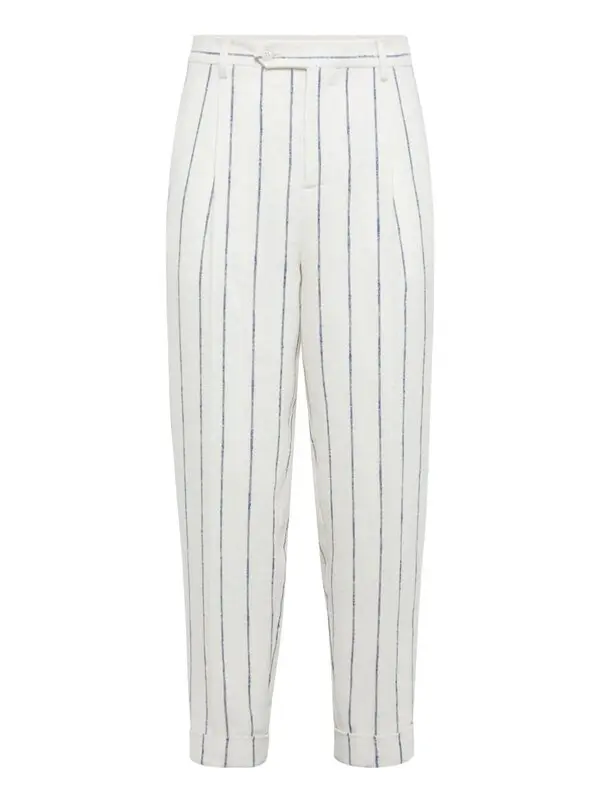 Brunello Cucinelli Striped Tapered Trousers With Turn-up Hem - White