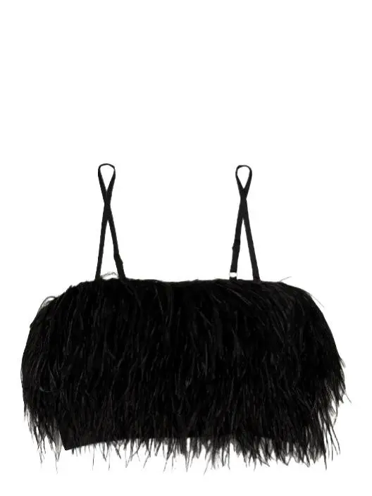 Sleeper Feather Trim Cropped Top - Black