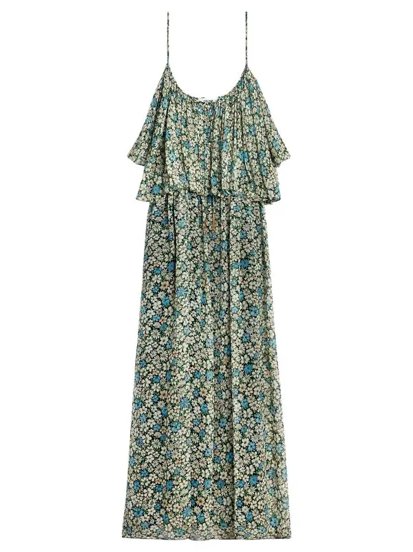 Celine Gathered Midi Dress In Silk Georgette - Black/blue/chalk Color