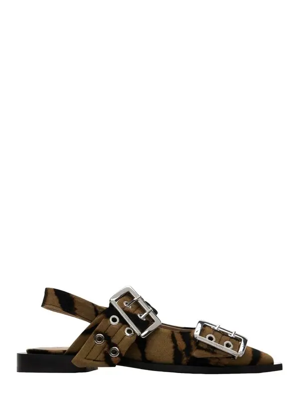 GANNI Buckle-detail Zebra-print Mules - Khaki