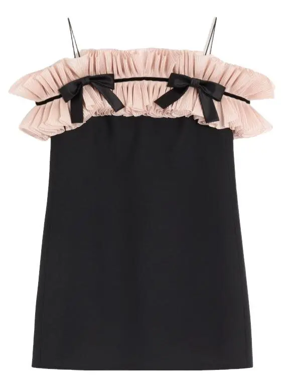Valentino Garavani Crepe Couture Bow Detailed Ruffled Mini Dress - Nero/rosa