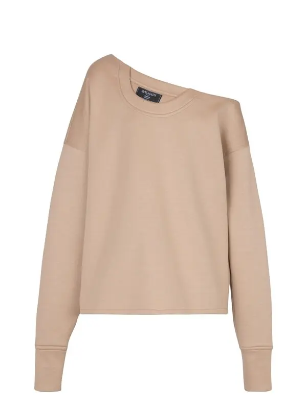 Balmain Asymmetrical Off-the-shoulder Jersey Sweatshirt - Beige