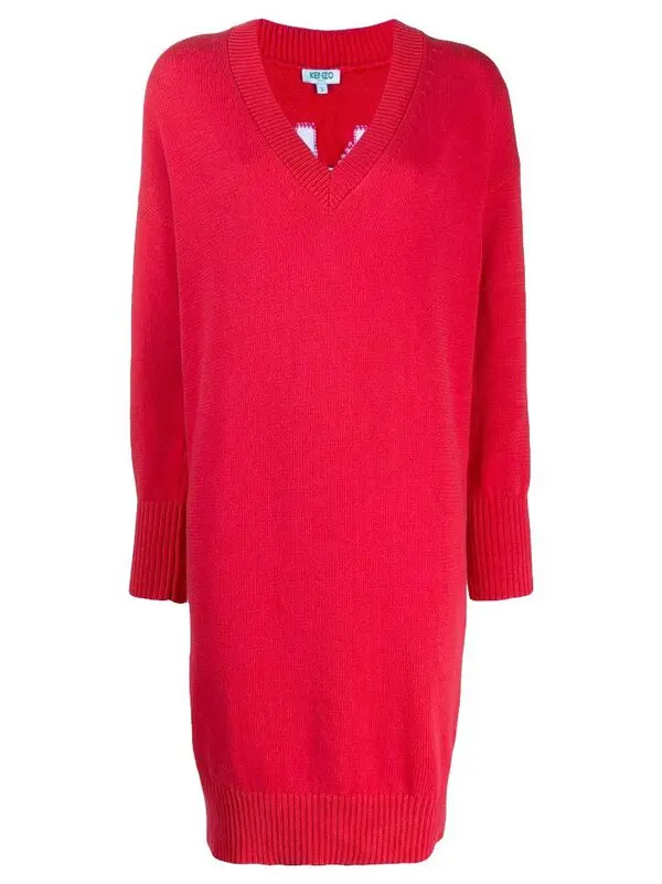 Kenzo V-neck Logo Knit Dress - Red