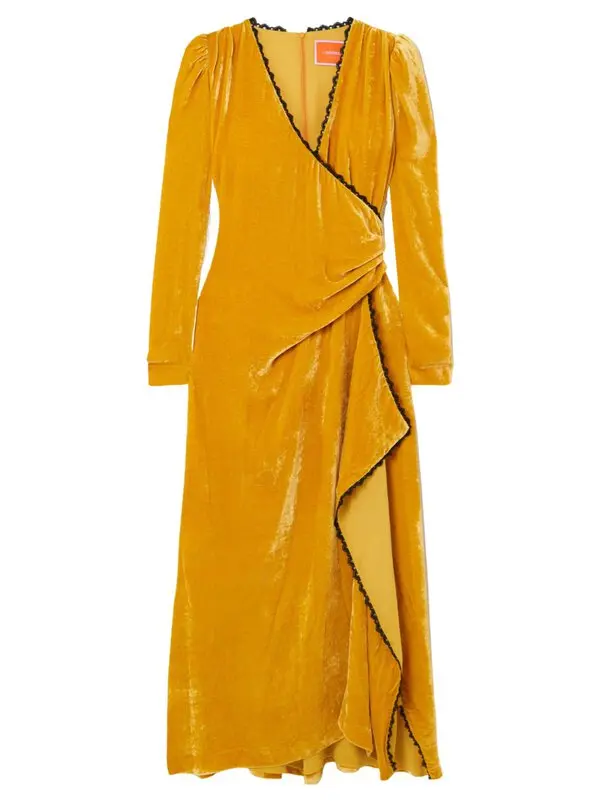 La DoubleJ Wrap Long Dress With Draped Lace Trim - Mustard Yellow