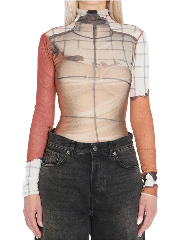JEAN PAUL GAULTIER Printed Long Sleeve Bodysuit - Black