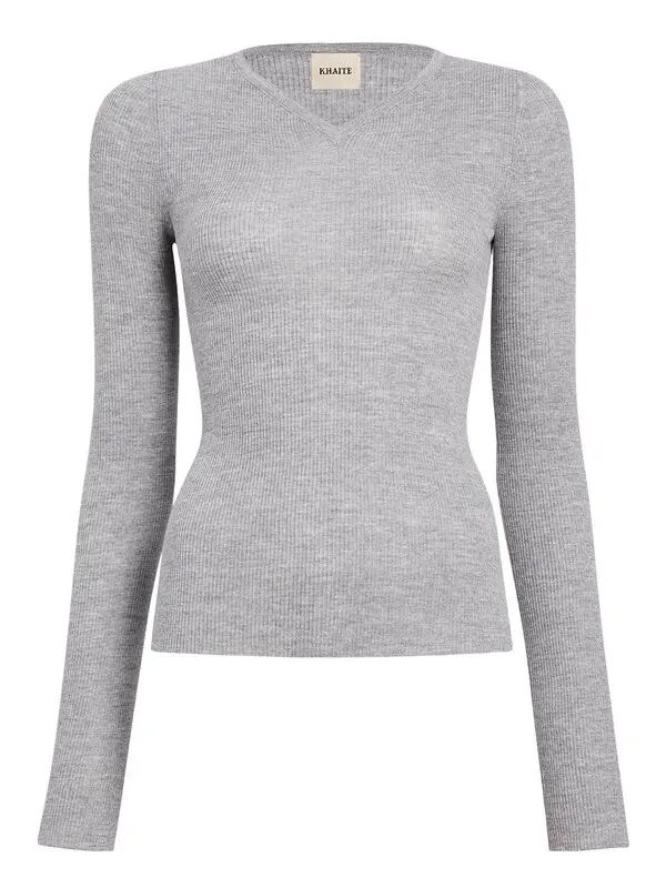 Khaite Tania Ribbed V-neck Long Sleeve Top - Mercury