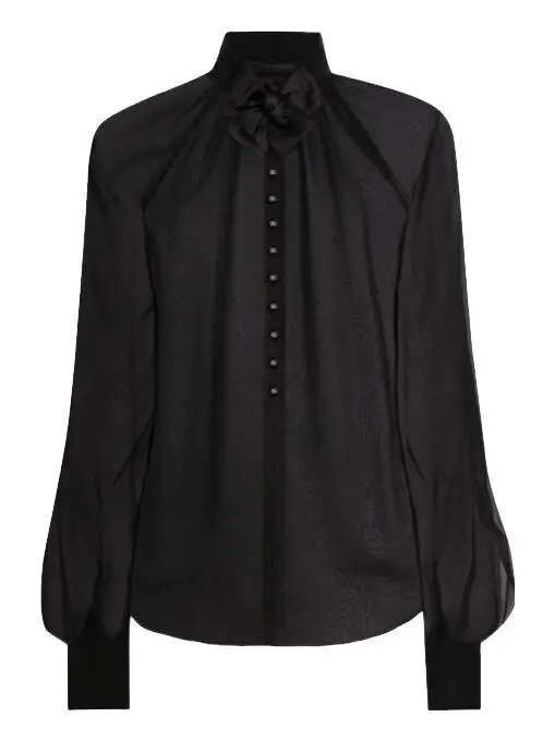 Dolce & Gabbana Floral Appliqué Mock Neck Shirt - Black