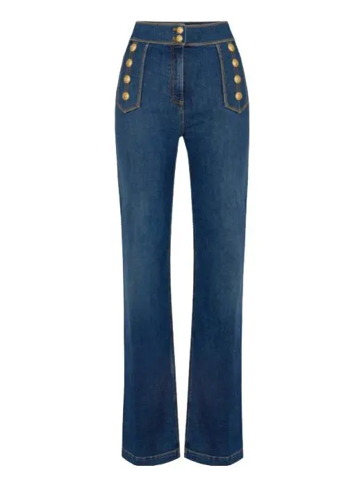 Elisabetta Franchi Palazzo Jeans With Golden Buttons - Denim Blue
