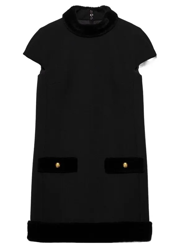 Prada High Neck Mini Dress With Sheepskin Trim - Black