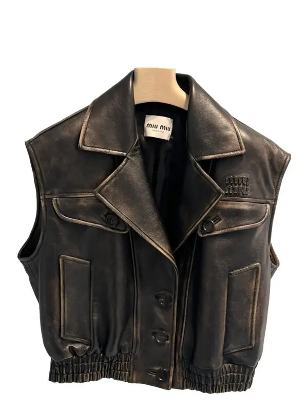 Miu Miu Distressed Leather Gilet With Logo Detail - Black