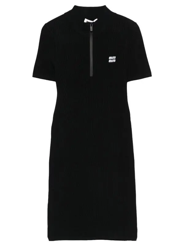 Miu Miu Short-sleeved Ribbed Mini Dress With Half-zip - Black
