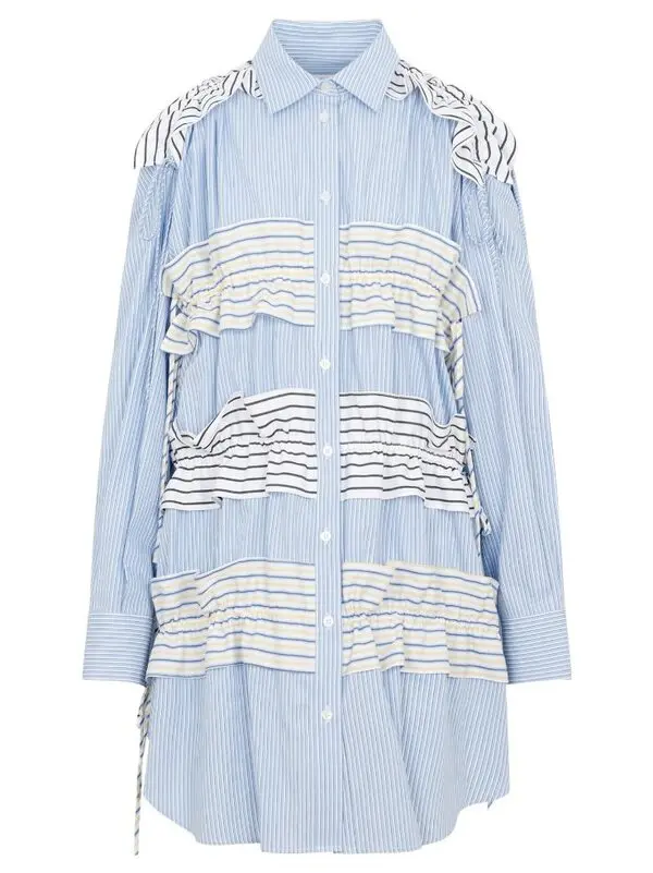 MSGM Ruffled Stripe Detail Buttoned Mini Dress - Blue