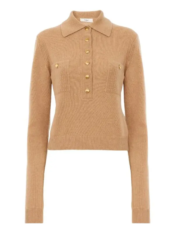 Chloé Long Sleeve Knitted Polo Top With Buckle Detail - Bleached Brown