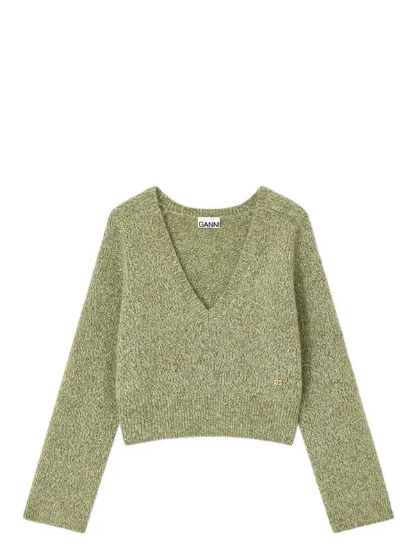 GANNI Logo Plaque V-neck Jumper - Green