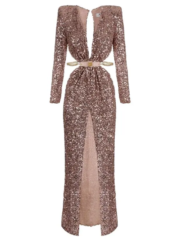 Elisabetta Franchi Sequined Maxi Gown With Metallic Belt - Multicolor