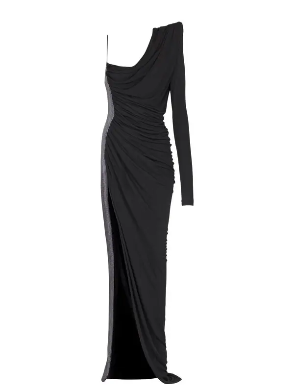 Balmain Draped Asymmetrical Two-material Gown - Black