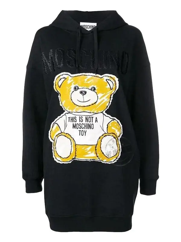Moschino Teddy Bear Print Hooded Long Sweater Dress - Black