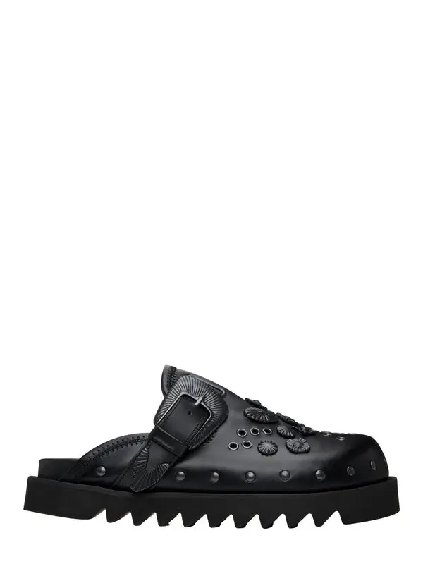 TOGA VIRILIS Round Toe Flat Mules With Rivet Detailing - Black