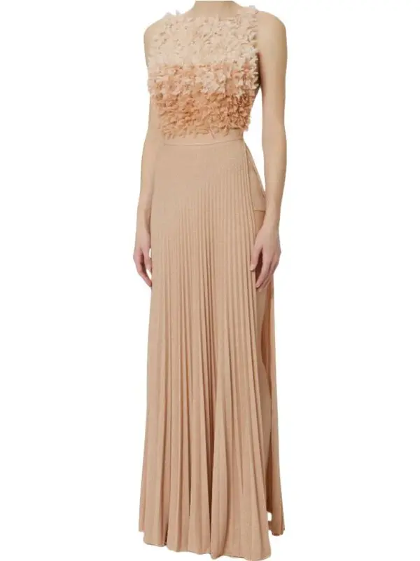Elisabetta Franchi Textured Tulle Petal Embellished Maxi Dress - Nude/butter Yellow