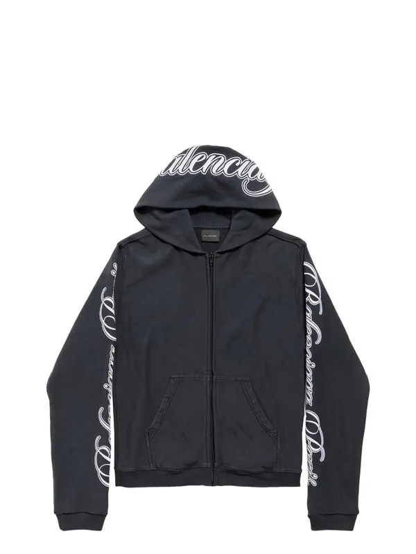 Balenciaga Cursive Zip-up Hoodie - Black