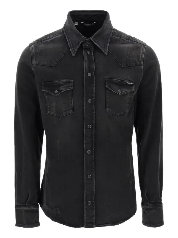 Dolce & Gabbana Dolce Gabbana Distressed Denim Buttoned Shirt - Black