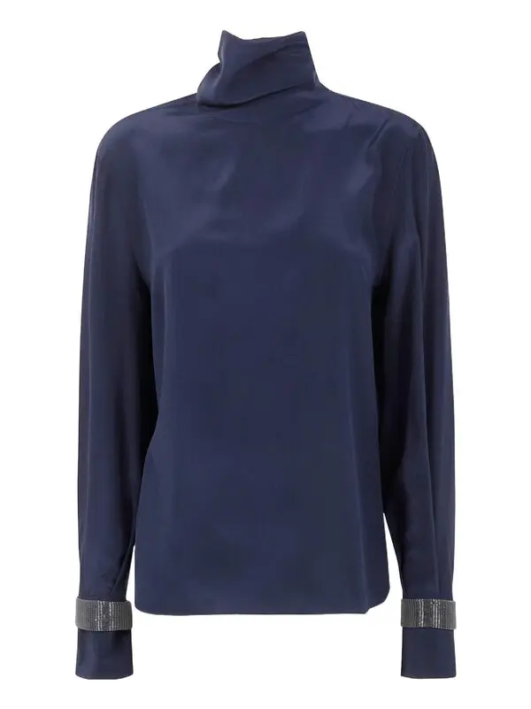 Brunello Cucinelli High Neck Long Sleeve Blouse - Blue