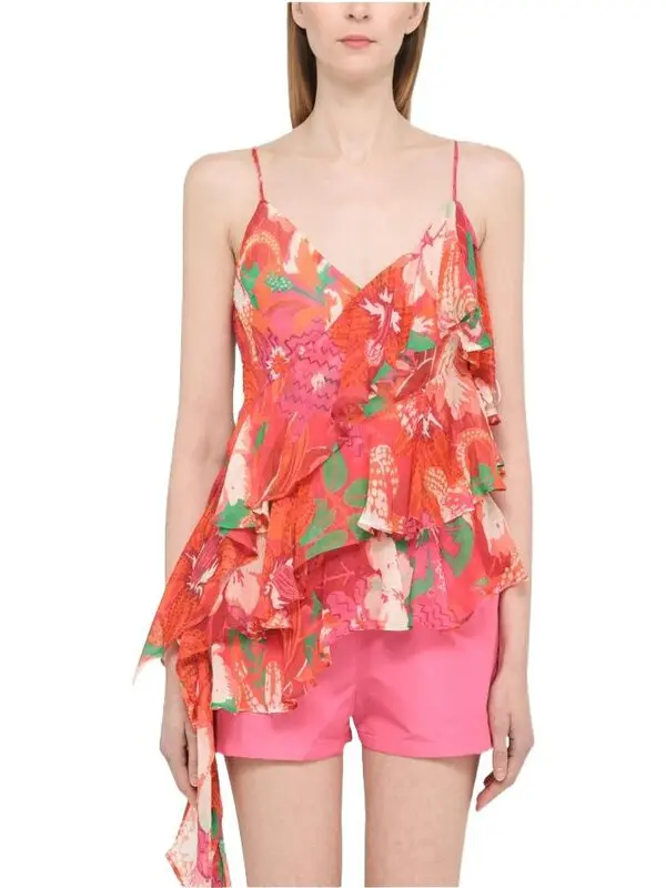 MSGM Asymmetrical Floral Ruffled Blouse - Nude