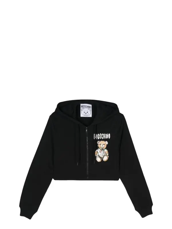 Moschino Cropped Cotton Hoodie With Logo Print - Black