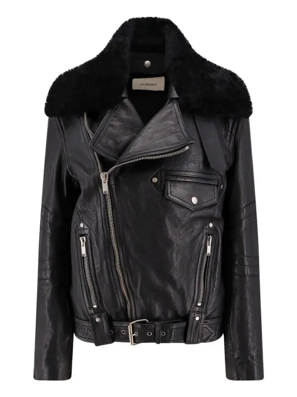 Saint Laurent Zip Detailed Long-sleeved Leather Jacket - Black