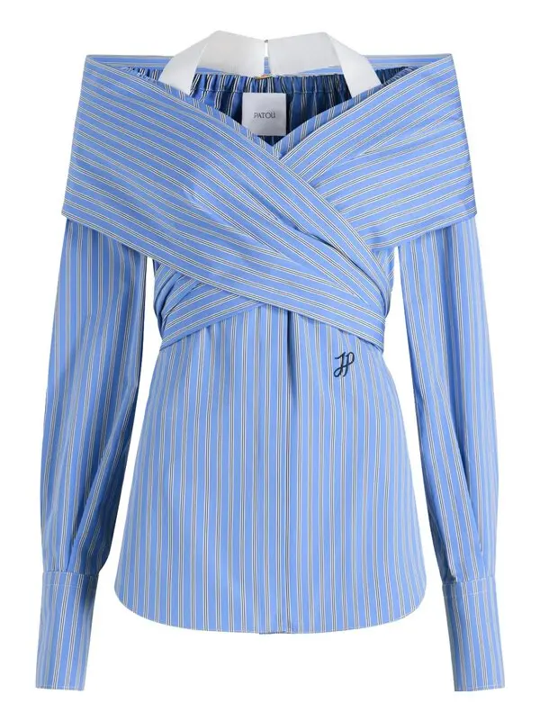 PATOU Off-shoulder Striped Wrap Top With Embroidered Monogram - Blue