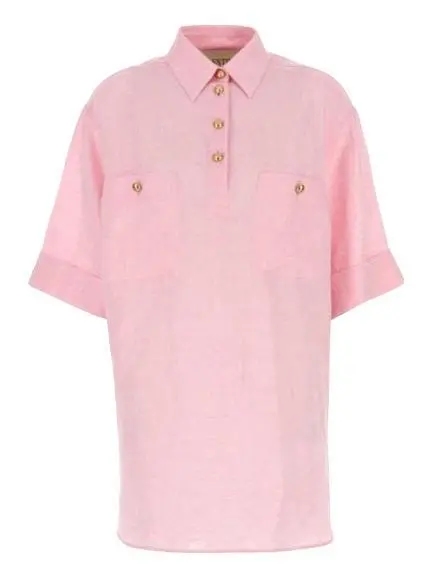 Valentino Garavani Short Sleeves Linen Blouse With Classic Collar - Pink