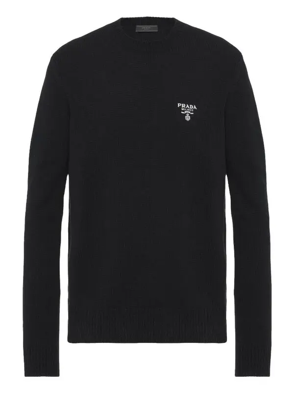 Prada Logo Embroidered Crewneck Knit Sweater - Black