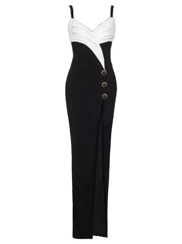 Balmain Two-tone Long Crepe Gown With Decorative Buttons - Black