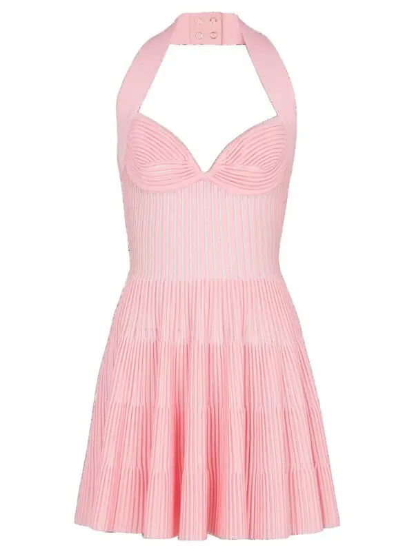 Balmain Textured Knit Halterneck A-line Dress - Pink