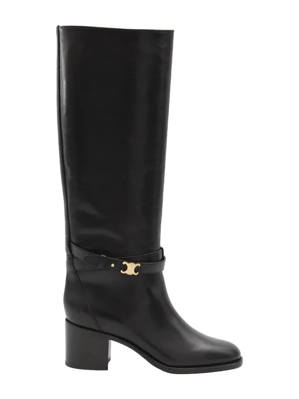 Celine Garance Triomphe Strap High Boot In Calfskin - Black