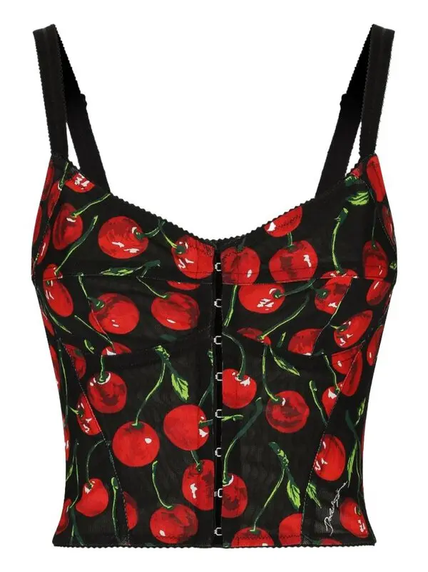 Dolce & Gabbana Cherry Print Zipped Bustier Top - Black