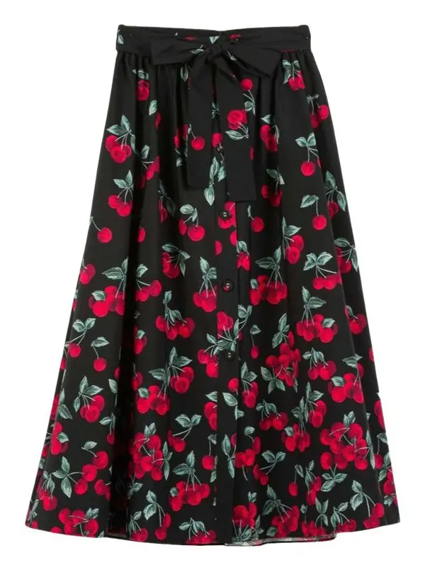 TWINSET Cherry Print Belted Midi Skirt - Black