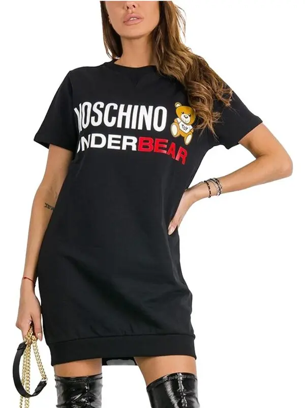 Moschino Teddy Bear Print Round Neck Short Sleeve Mini Dress - Black