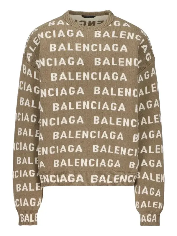 Balenciaga Allover Logo Intarsia Knitted Jumper - Brown
