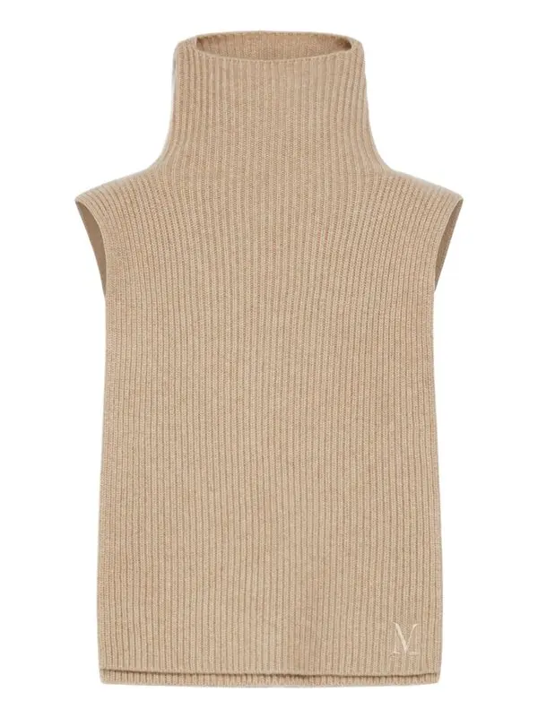 Max Mara Ribbed-knit Poncho With Embroidered Logo - Sand-colored