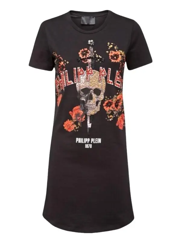Philipp Plein Skull And Floral Embellished T-shirt Dress - Black