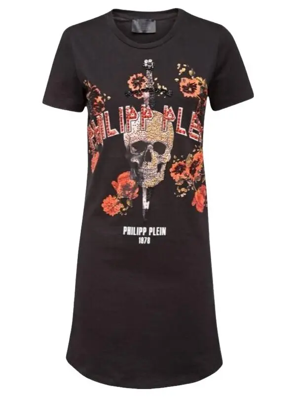 Philipp Plein Skull And Floral Embellished T-shirt Dress - Black