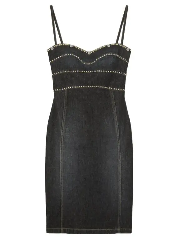 Versace Embellished Denim Fitted Midi Dress - Black