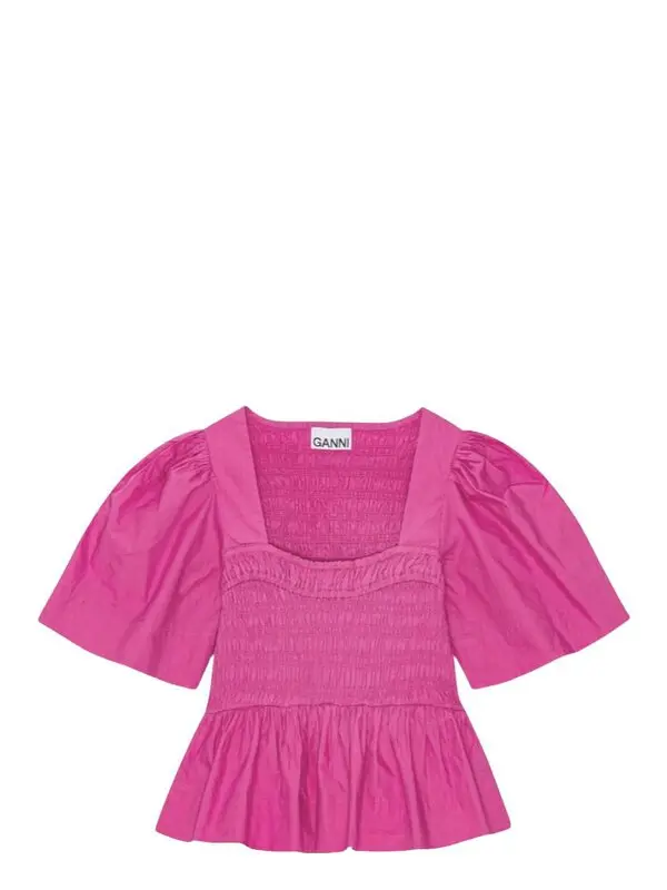 GANNI Square Neck Puff Sleeve Smocked Peplum Top - Pink