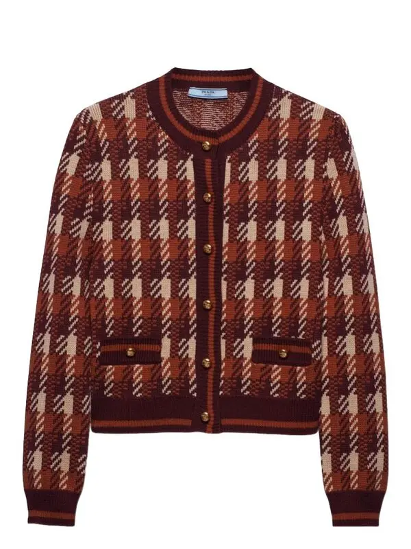 Prada Wool Cardigan With Houndstooth Pattern - Brown