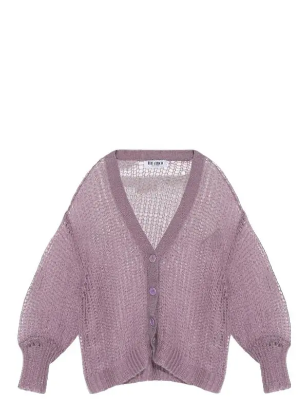 Attico Semi-sheer Knitted Cardigan With V-neck And Cutout Detail - Purple